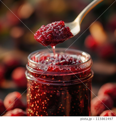 Raspberry jam. Spoon scooping homemade...のイラスト素材 [113861497] - PIXTA