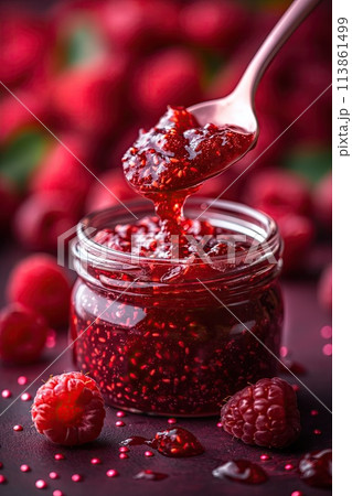 Raspberry jam. Spoon scooping homemade...のイラスト素材 [113861499] - PIXTA