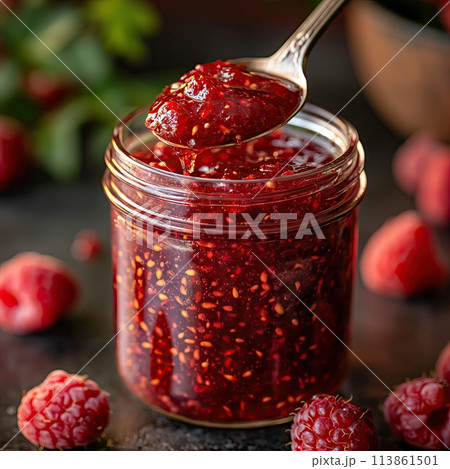Raspberry jam. Spoon scooping homemade...のイラスト素材 [113861501] - PIXTA