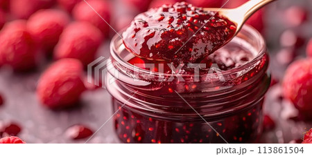 Raspberry jam. Spoon scooping homemade...のイラスト素材 [113861504] - PIXTA