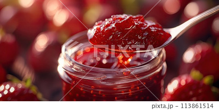Strawberry jam. Spoon scooping homemade...のイラスト素材 [113861514] - PIXTA