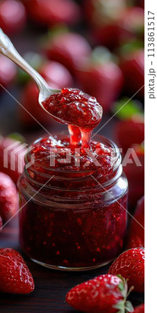 Strawberry jam. Spoon scooping homemade...のイラスト素材 [113861517] - PIXTA