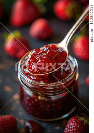 Strawberry jam. Spoon scooping homemade...のイラスト素材 [113861518] - PIXTA