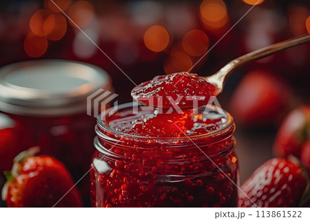 Strawberry jam. Spoon scooping homemade...のイラスト素材 [113861522] - PIXTA