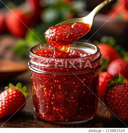 Strawberry jam. Spoon scooping homemade...のイラスト素材 [113861524] - PIXTA