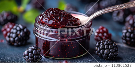 Blackberry jam. Spoon scooping homemade...のイラスト素材 [113861528] - PIXTA