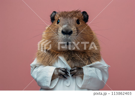 Cute Beaver Dressed as a Doctor on Pink...のイラスト素材 [113862403] - PIXTA