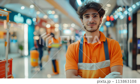 Caucasian male cleaning worker Working in a...のイラスト素材 [113863108] - PIXTA