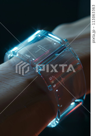 A futuristic translucent watch worn on the wrist.のイラスト素材 [113863363 ...