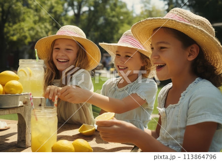 Children have fun selling lemonade outdoors....のイラスト素材 [113864796] - PIXTA