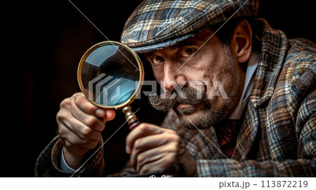 A man, embodying a detective role, carefully...のイラスト素材 [113872219] - PIXTA
