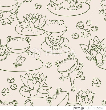 Little frogs outline on beige background. Hand...のイラスト素材 [113887769 ...