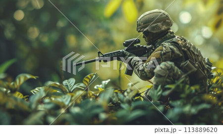 Soldier holding gun crouched and ambushed in...のイラスト素材 [113889620] - PIXTA
