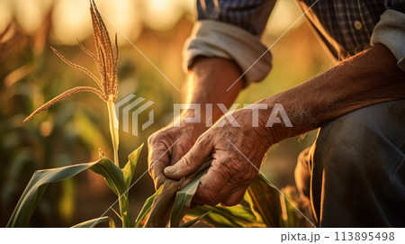 Farmers hands gracefully gather ripe corn in a...のイラスト素材 [113895498 ...