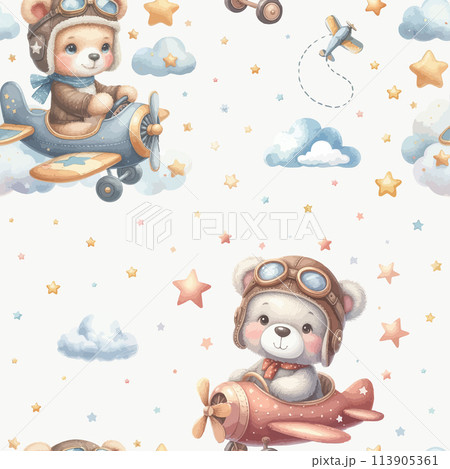 Watercolor teddy bears fly in planes in a...のイラスト素材 [113905361] - PIXTA