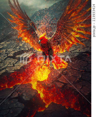 Dark phoenix bird rising out of volcano lava...のイラスト素材 [113933414] - PIXTA
