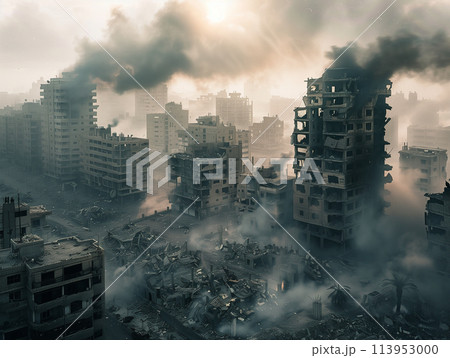 bombed-out city skyline, with buildings reduced...のイラスト素材 [113953000 ...