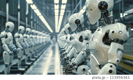A factory with robots working alongside humans...のイラスト素材 [113956363 ...