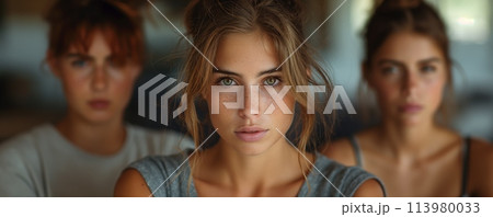Three women with focused and blurred facesのイラスト素材 [113980033] - PIXTA