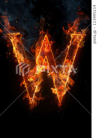 Fire letter W made of burning letters on black...のイラスト素材 [113995214 ...