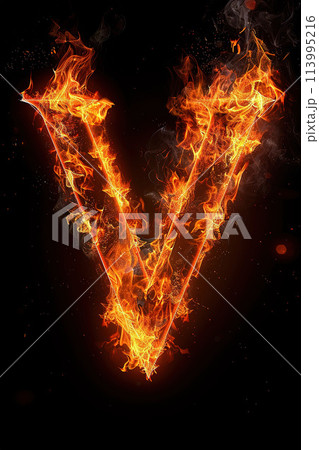 Fire letter V made of burning letters on black...のイラスト素材 [113995216 ...