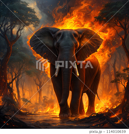 Elephant with flaming ears, standing in forest.のイラスト素材 [114010639] - PIXTA