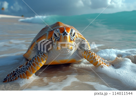 Wise old turtle moves slowly, its ancient shell...のイラスト素材 [114011544 ...