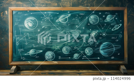 Planets and orbits drawn on chalkboard. Concept...のイラスト素材 [114024996 ...