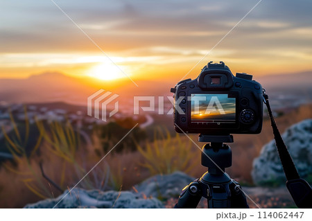 DSLR camera photographing a sunset landscapeのイラスト素材 [114062447] - PIXTA