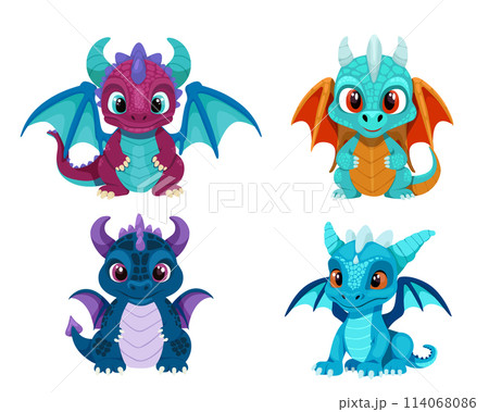Cartoon dragon set. Fairy cute dragonfly icons...のイラスト素材 [114068086 ...