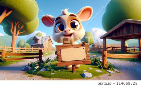 Cartoon Mouse Holding Sign in Front of Farm....のイラスト素材 [114068328] - PIXTA