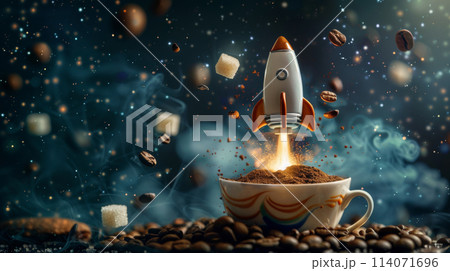 Rocket launching from a cup of coffeeのイラスト素材 [114071696] - PIXTA