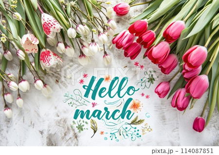 Text Hello March on event seasonal background....のイラスト素材 [114087851 ...
