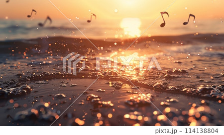 Musical notes floating on water at beachのイラスト素材 [114138804] - PIXTA