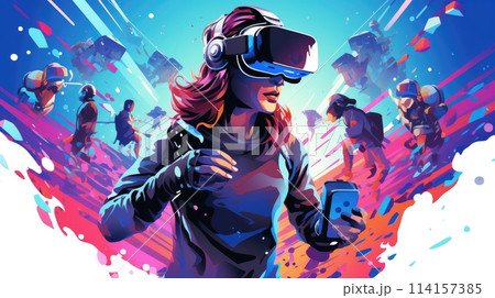 Virtual reality gaming enthusiasts cartoon...のイラスト素材 [114157385] - PIXTA