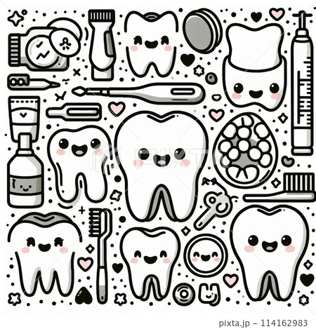 Cute dental clinic doodle illustration backgroundのイラスト素材 [114162983 ...