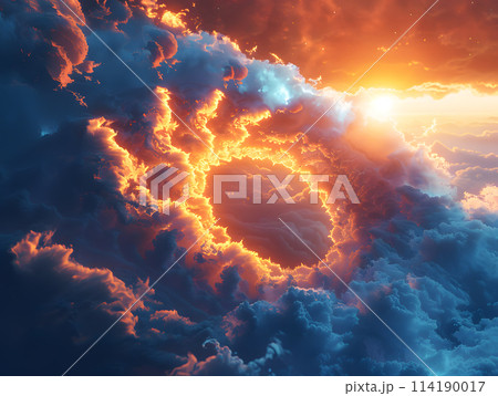 The clouds in the sky are parting, allowing the...のイラスト素材 [114190017 ...