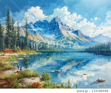 Drawing of a serene lakeside viewのイラスト素材 [114198599] - PIXTA