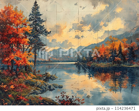 Drawing of a serene lakeside viewのイラスト素材 [114236471] - PIXTA