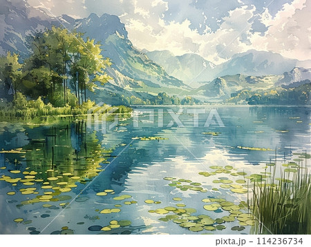 Drawing of a serene lakeside viewのイラスト素材 [114236734] - PIXTA