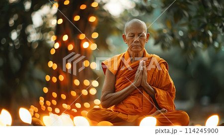 Buddhist monk in lotus position against a...のイラスト素材 [114245900] - PIXTA