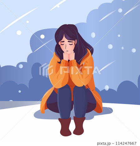 depressed woman sitting on snow sad girl...のイラスト素材 [114247667] - PIXTA