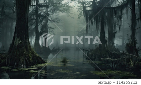Mystical swamp in an ominous fog. Fantasy...のイラスト素材 [114255212] - PIXTA