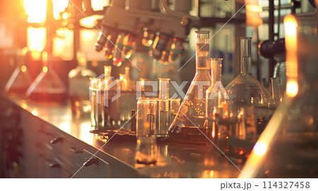 A lab bench with many glass beakers and test...のイラスト素材 [114327458] - PIXTA