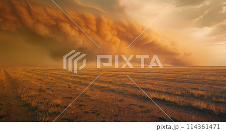Approaching ddramatic ust storm over dry farmlandのイラスト素材 [114361471 ...