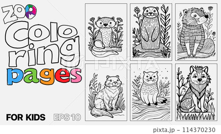 A set of six cat coloring pages for kids. The...のイラスト素材 [114370230] - PIXTA