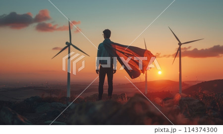 Heroic figure in cape silhouetted against...のイラスト素材 [114374300] - PIXTA