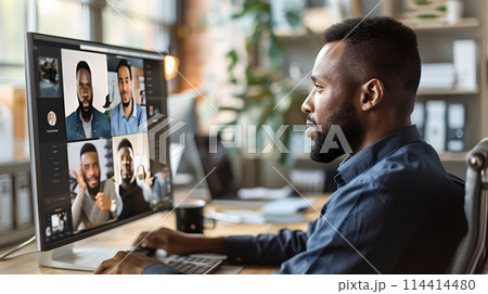 Remote work concept with a focused man during a...のイラスト素材 [114414480 ...