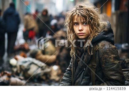 A homeless beggar little girl in old, holey...のイラスト素材 [114415839] - PIXTA