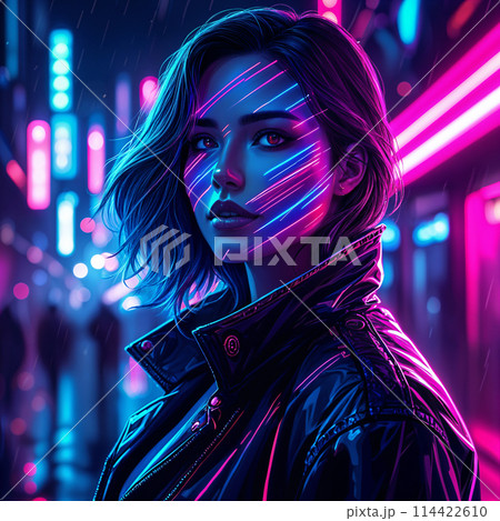Woman with blue hair and pink neon lights.のイラスト素材 [114422610] - PIXTA